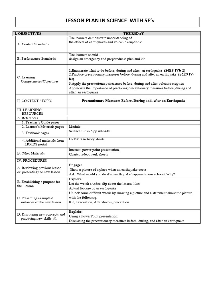 Lesson Plan in Science 5es | PDF | Lesson Plan | Learning