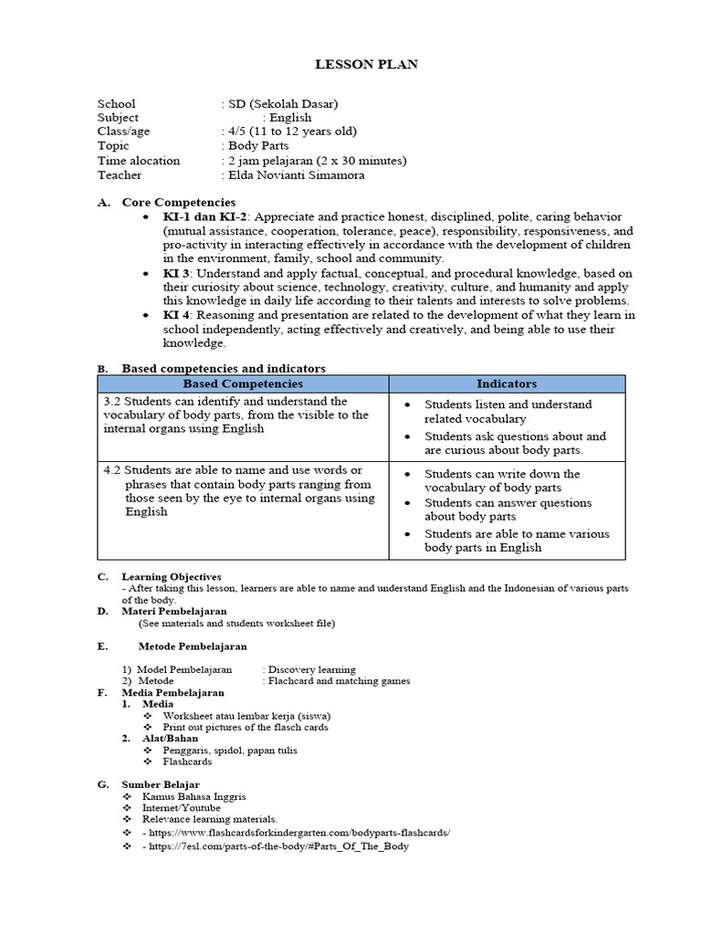 Body Parts Lesson Plan for Grade 4 | PDF | Learning | Teachers