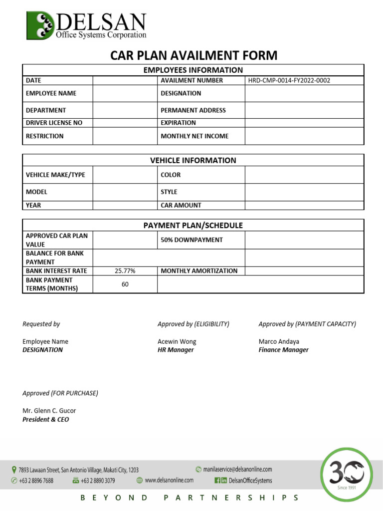 Car Plan Availment Form | PDF