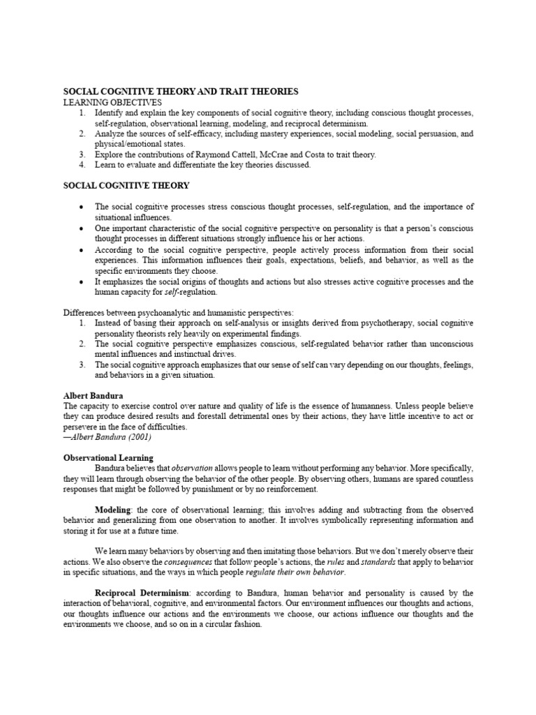 Social Cognitive and Trait Theories Reviewer | PDF | Self Efficacy ...