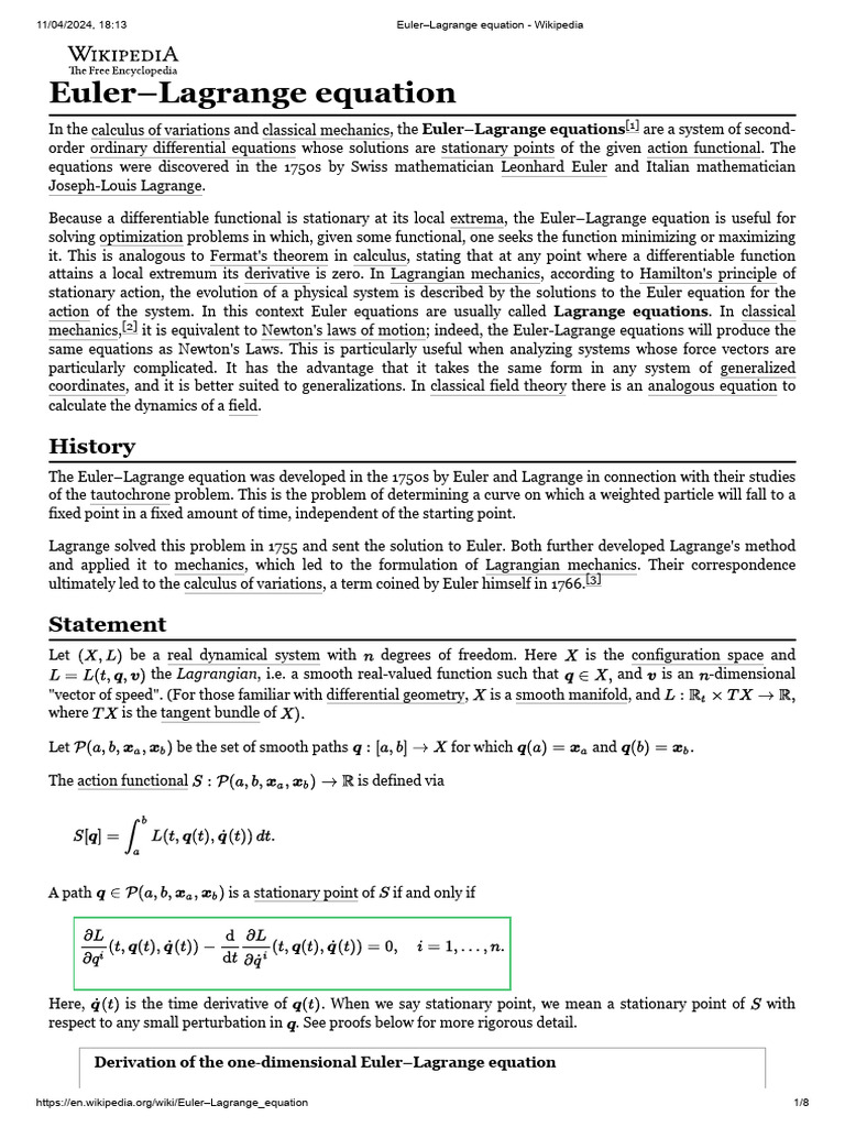 Euler–Lagrange equation | PDF | Euler–Lagrange Equation | Mathematical Analysis
