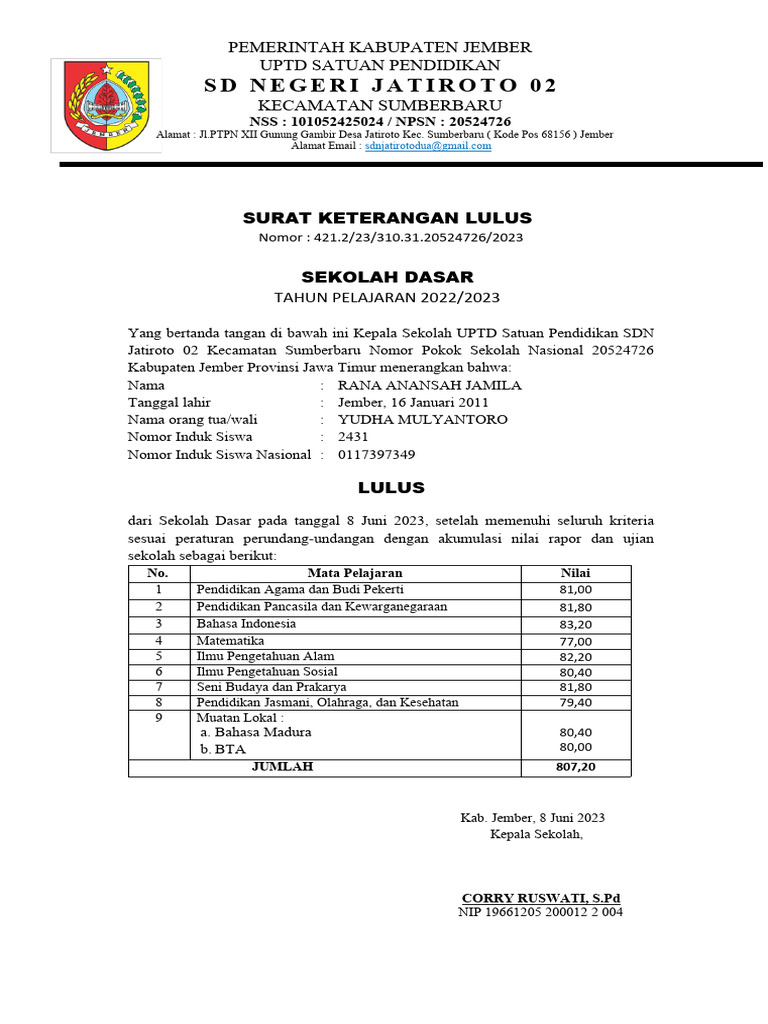 Surat Keterangan Lulus SD 2023 | PDF