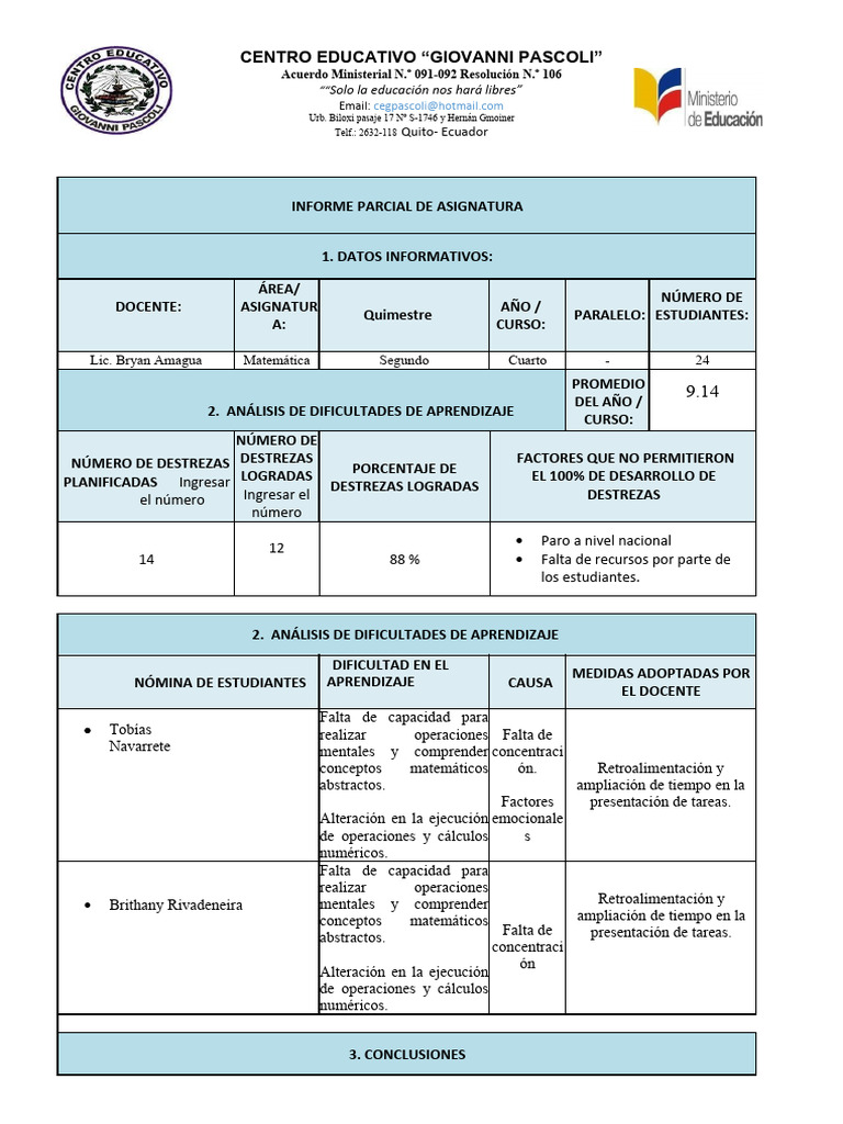 Informe de Matemáticas 4º EGB | PDF | Aprendizaje | Modificación de comportamiento