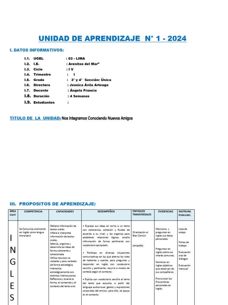 Unidad Aprendizaje 3ro y 4to | PDF | Evaluación | Aprendizaje