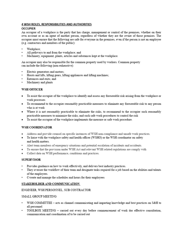 4 WSH Roles | PDF | Risk | Safety