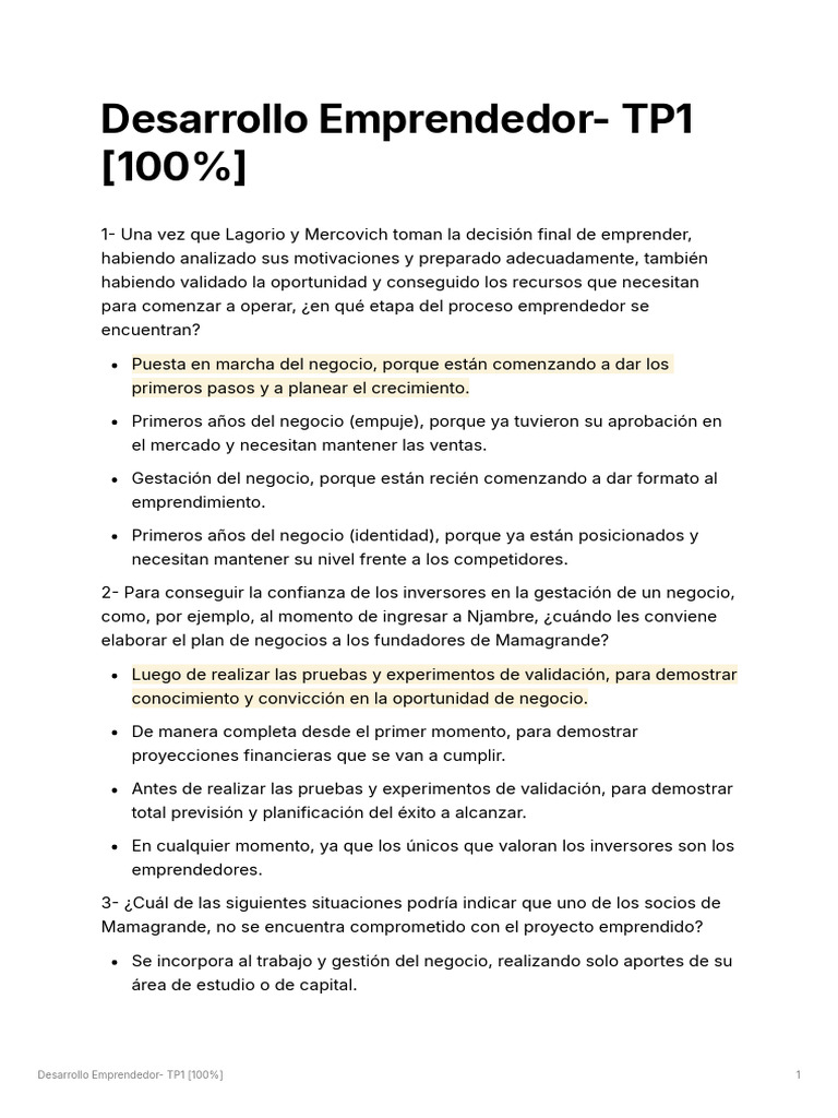 Desarrollo Emprendedor- TP1 100% | PDF | Iniciativa empresarial | Economias