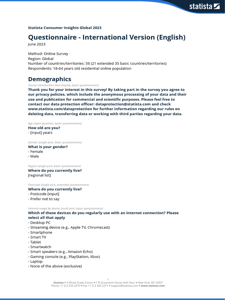 Statista Global Consumer Survey Questionnaire en | PDF | Volkswagen ...