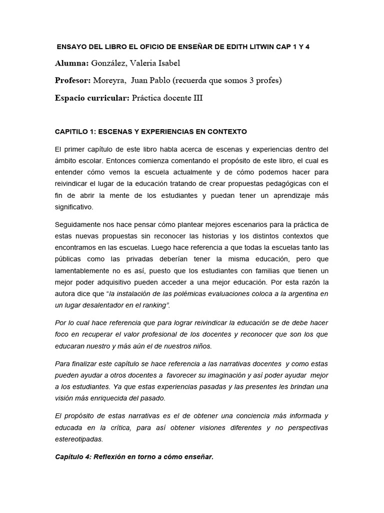 Ensayo de Edith Litwin - CORREGIDO | PDF | Enseñando | Maestros