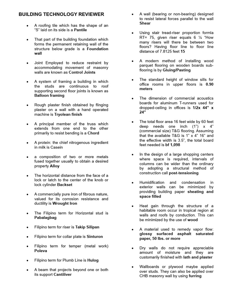 Building Technology Reviewer B5 | PDF | Framing (Construction) | Concrete