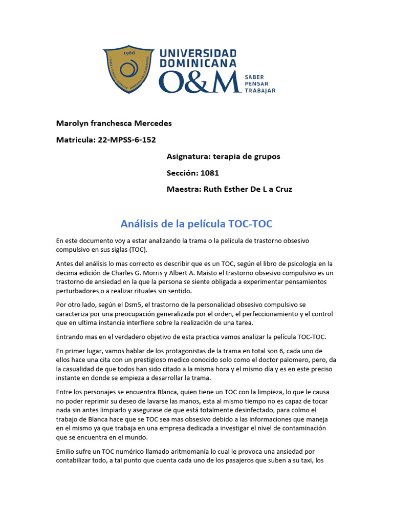 analisis de la pelicula toc toc Marolyn franchesca Mercedes | PDF ...