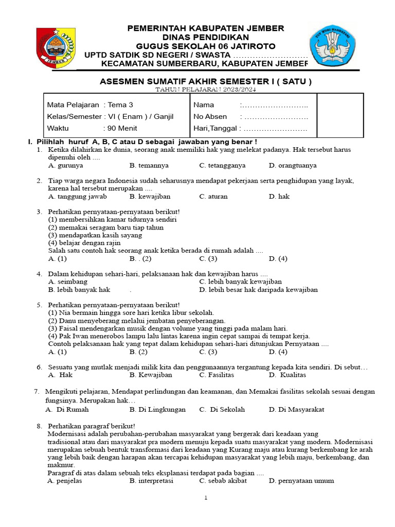 SOAL PAS KELAS 6 TEMA 3 Selesai REVISI | PDF | Seni & Disiplin Bahasa