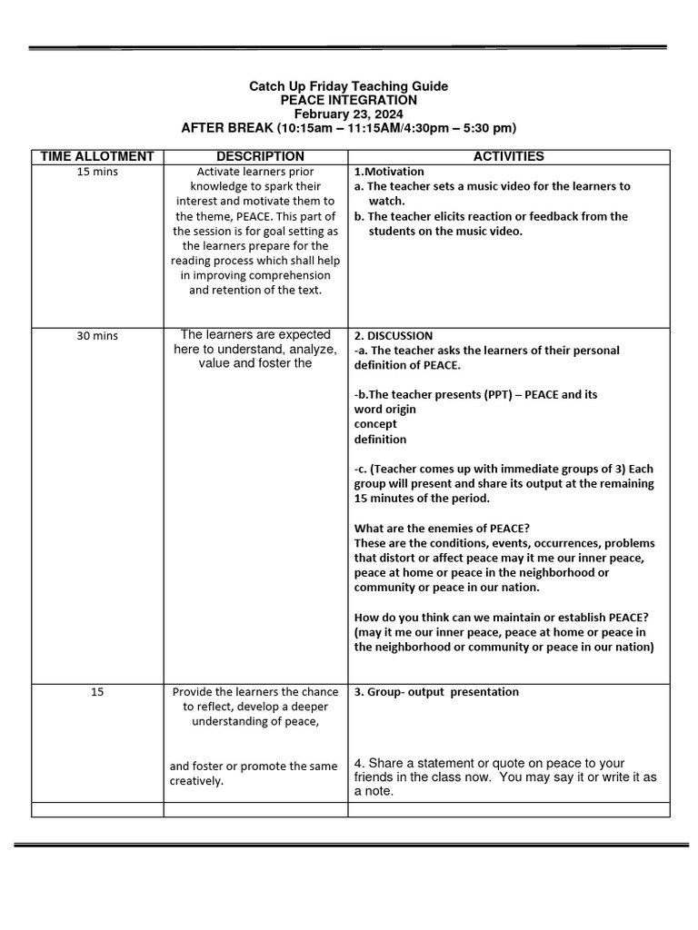 Catch Up Friday Peace Integration | PDF | Learning | Reading Comprehension