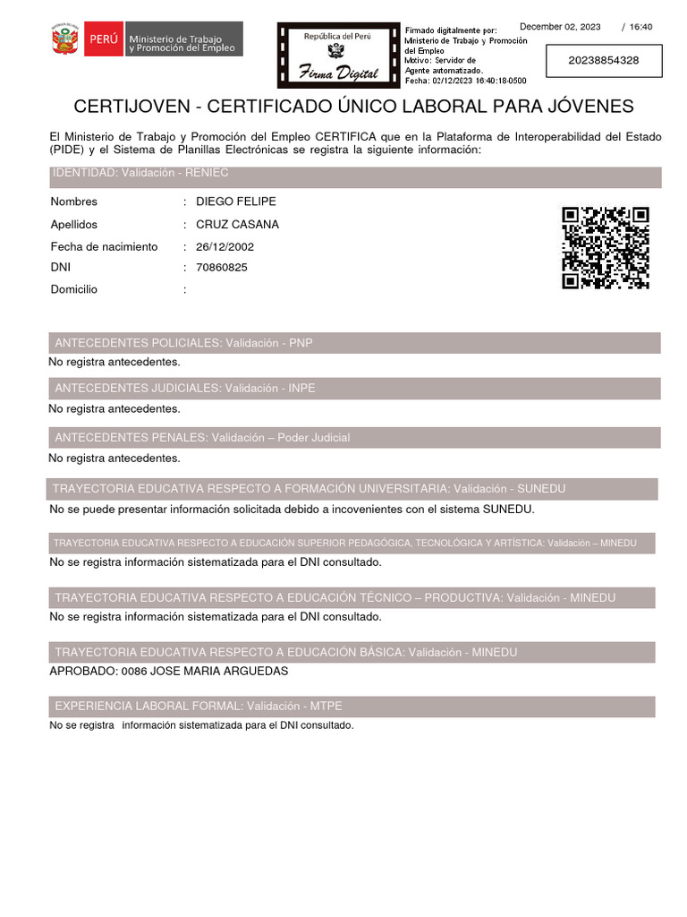 Certificado Laboral Diego Cruz Casana | PDF | Documento de identidad | Ministerio (Departamento ...