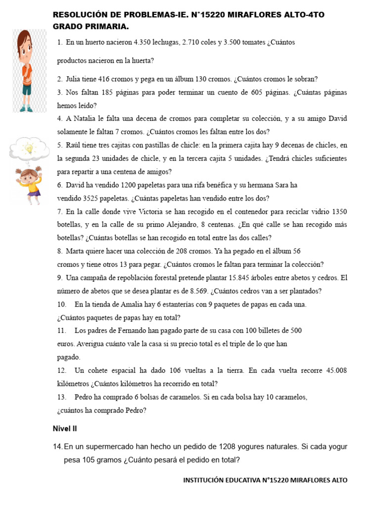 Problemas Matemáticos para 4to Grado | PDF | Cocina, comidas y vino