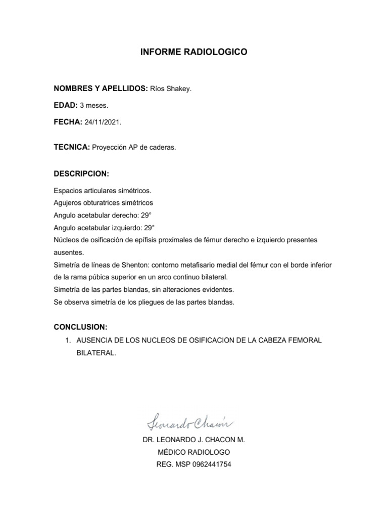 Informe RX de Cadera Ríos Shakey | PDF