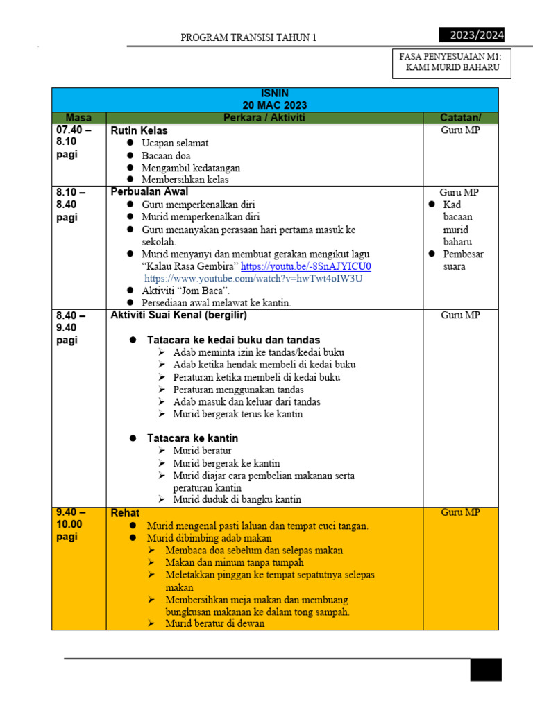 Jadual Program Transisi Tahun 1 | PDF