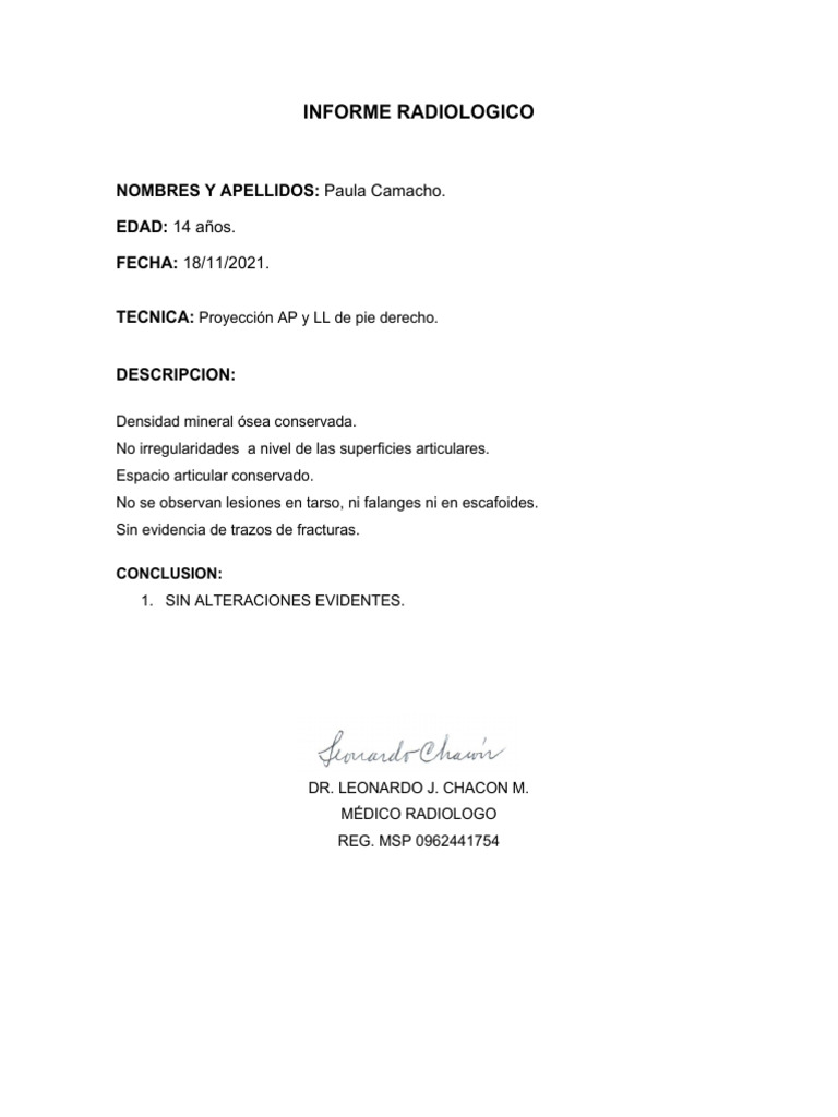 Informe RX AP y LL de Pie Derecho Paula Camacho | PDF