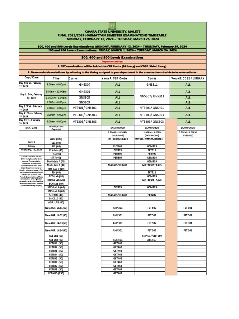 Final Harmattan 2023-2024 EXAMS Timetable | PDF | Educational ...