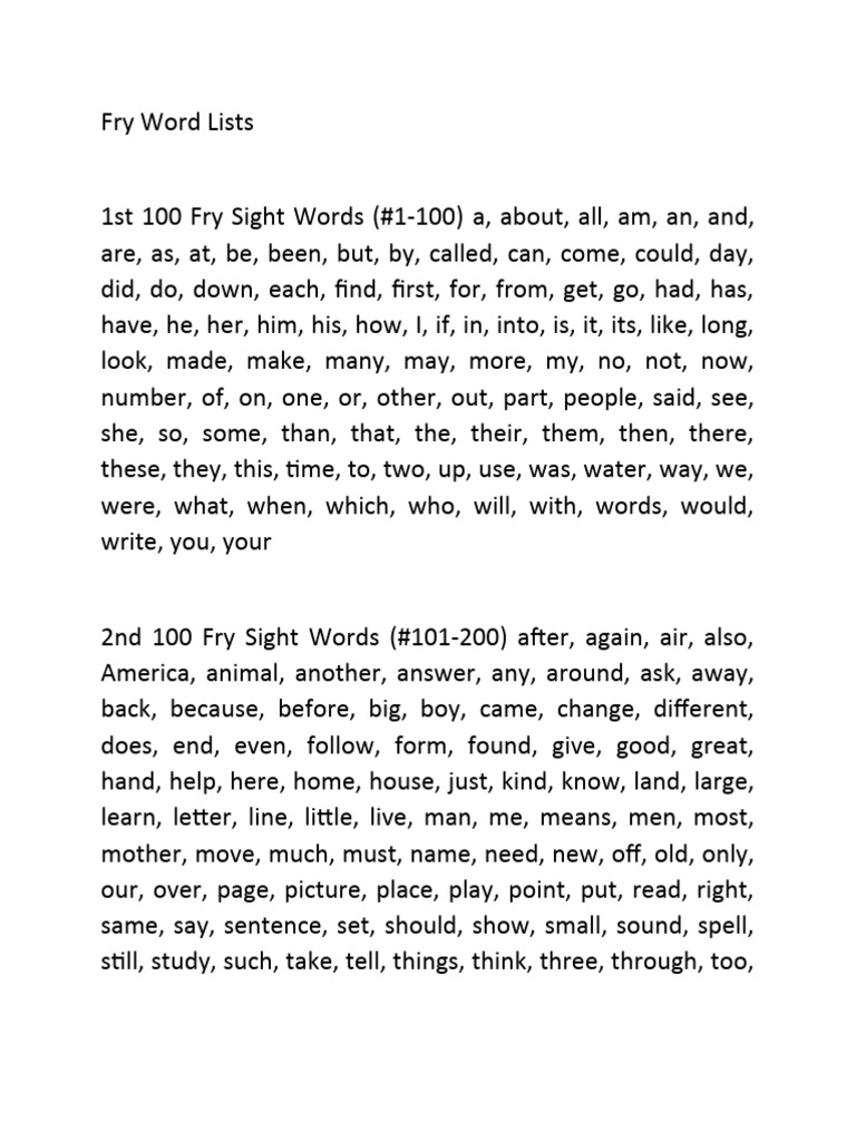 fry word list | PDF | English Language