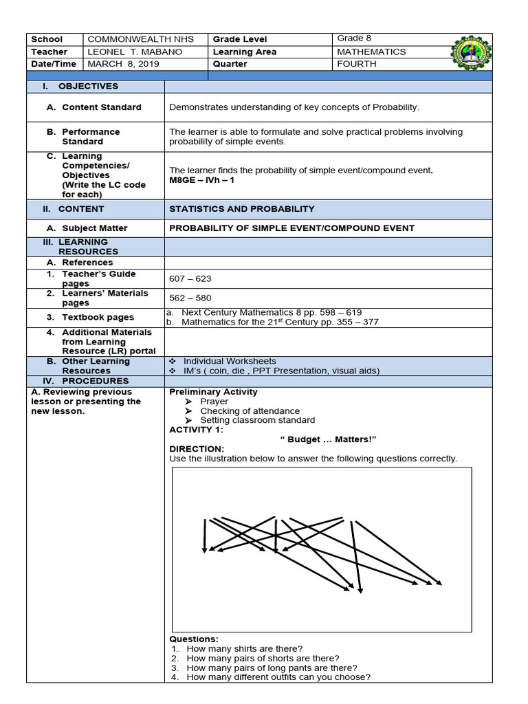 Grade 8 Probability Lesson Plan | PDF | Probability | Learning