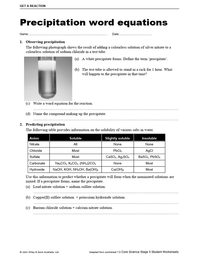 1-2 - Precipitation Word Equations | PDF | Precipitation (Chemistry ...