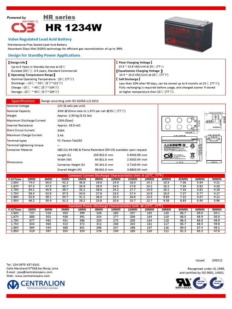 HR Series: Valve Regulated Lead Acid Battery | PDF | Galvanic Cells ...
