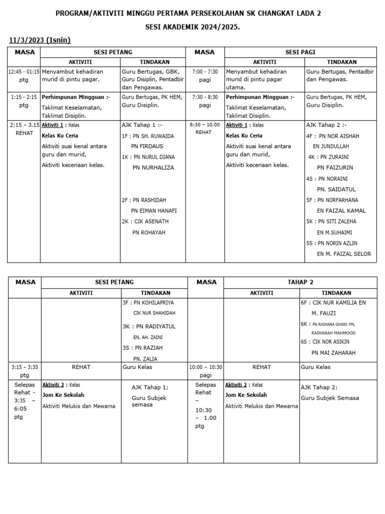 Jadual Minggu 1 | PDF
