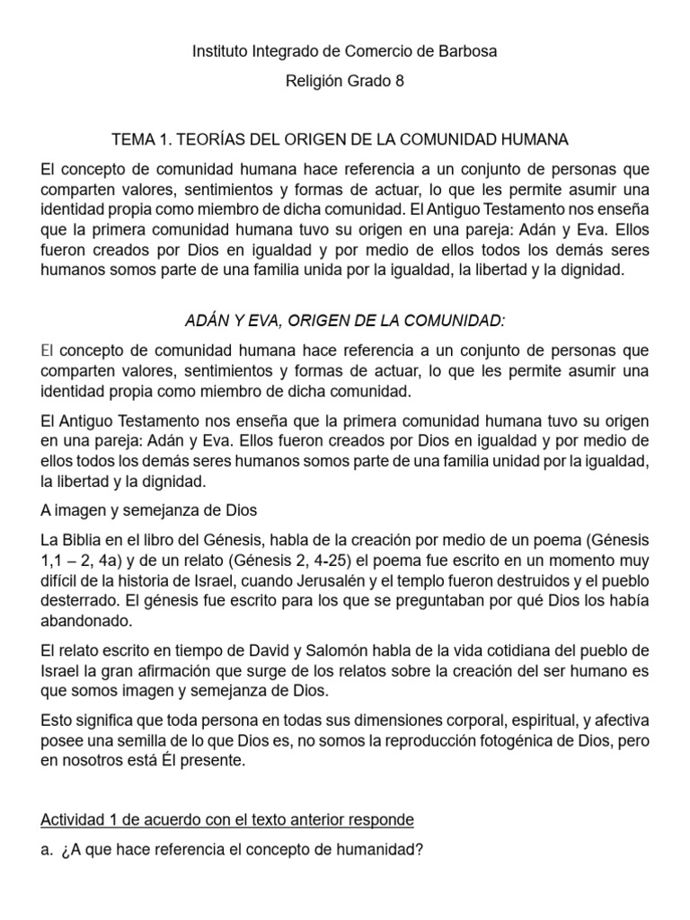El origen de la comunidad humana Religión 8 segundo indicador | PDF ...