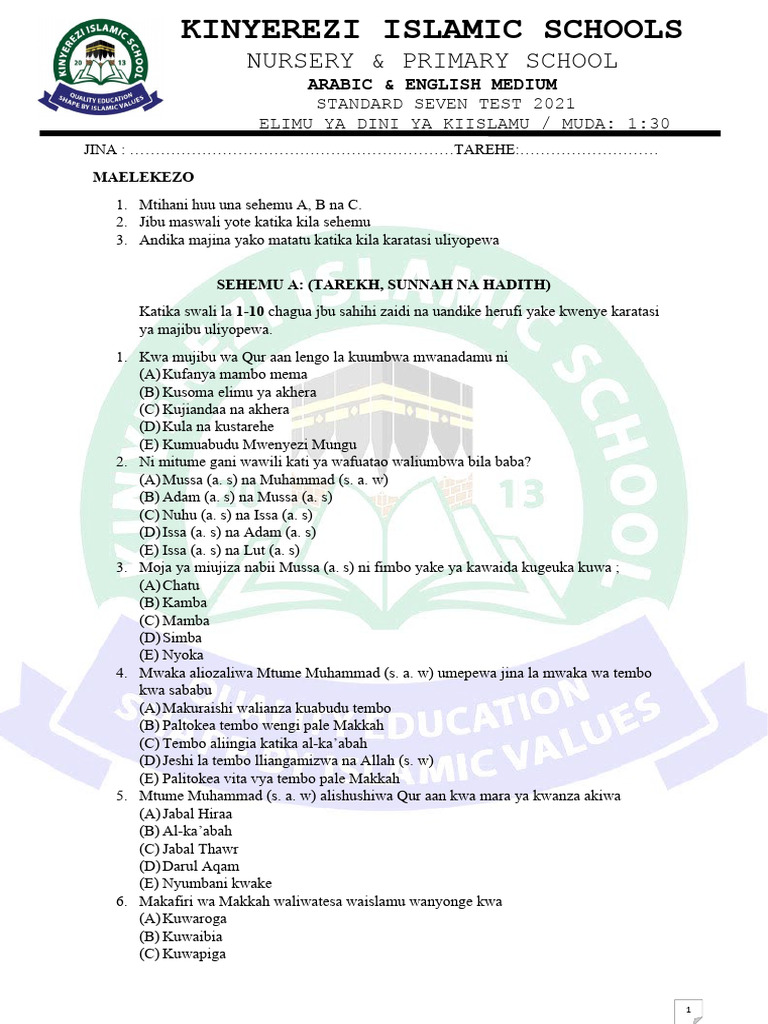 Nursery & Primary School: Standard Seven Test 2021 Elimu Ya Dini Ya ...