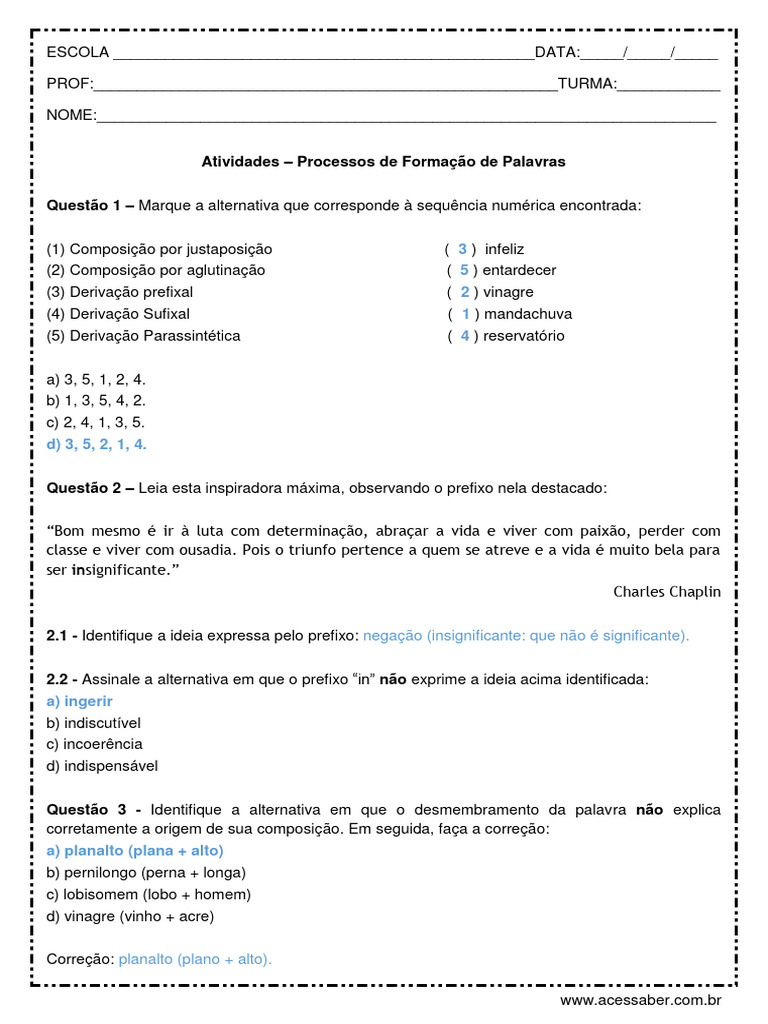 Atividades Processos de Formacao de Palavras 1o Ano Do Ensino Medio Com Respostas 1 | PDF