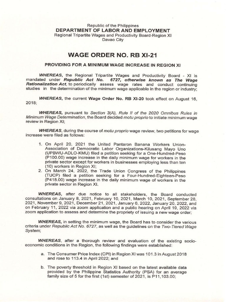 Wage Order No. Rbxi-21 | PDF