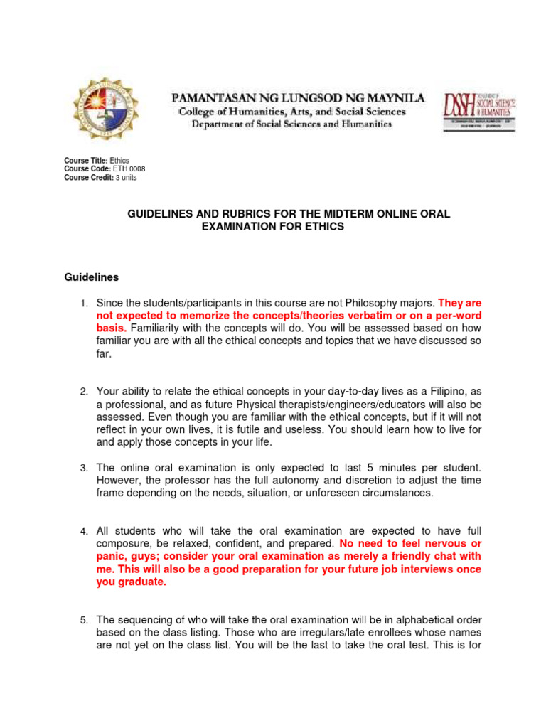 Midterm Oral Exam Guidelines for Ethics | PDF | Behavioural Sciences | Cognition
