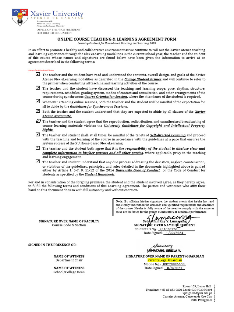 FLEX ELEARN Online Course Teaching and Learning Agreement Form Signed ...