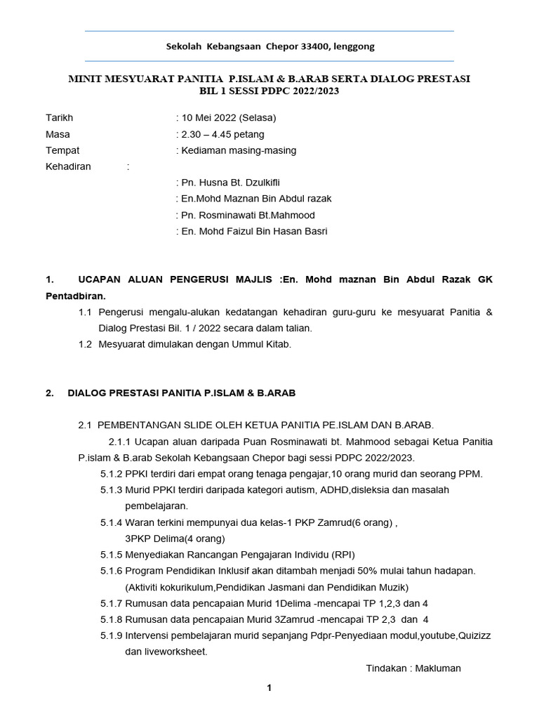 Minit Mesyuarat Panitiap - Islam & Ba Serta Dialog Prestasi | PDF