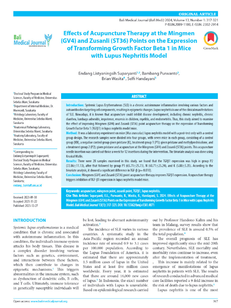 View of Effects of Acupuncture Therapy at The Mingmen (GV4) and Zusanli ...