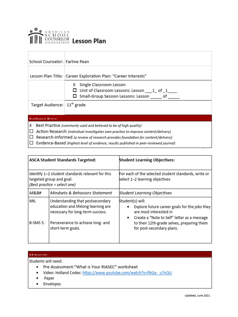 Career Plan | PDF | School Counselor | Lesson Plan
