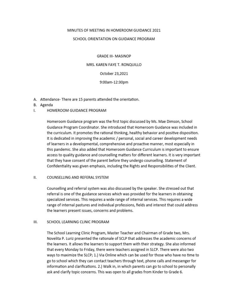 Minutes of Meeting in Homeroom Guidance 2021 | PDF | Sex Education ...