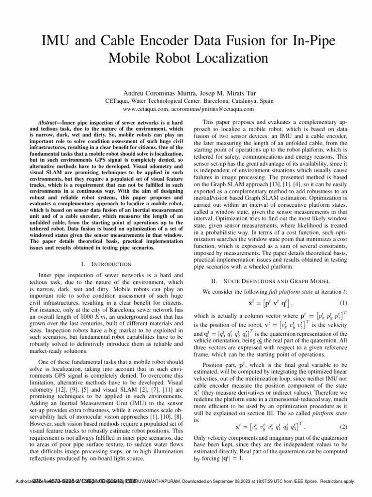 IMU and Cable Encoder Data Fusion For In-Pipe Mobile Robot Localization | PDF | Inertial ...