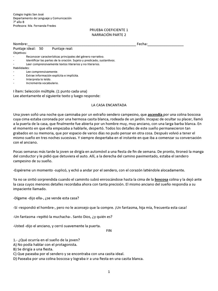 Pruebas 7° Narración Parte 2 | PDF