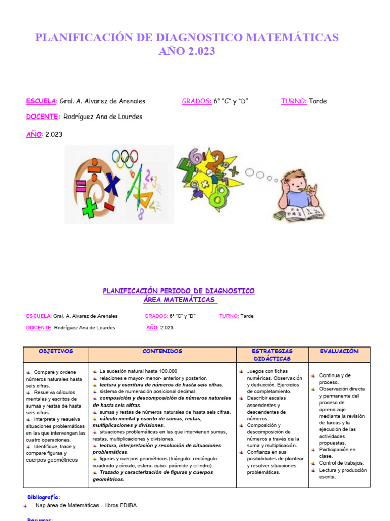 Planif. Diagnostico 6° Grado Matemat. 2023 - Arenales | PDF | Matemáticas