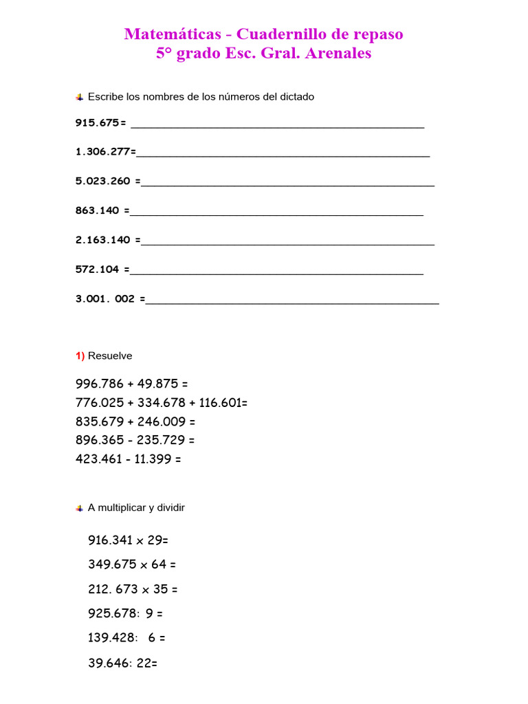 Cuadernillo Matematicas 5° Grado Arenales | PDF | Matemática Elemental | Matemáticas