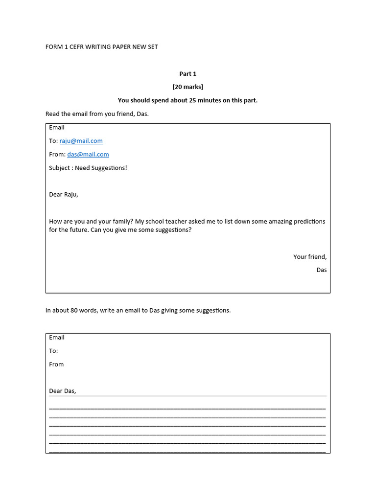 New Form 1 Cefr Writing Paper Set | PDF