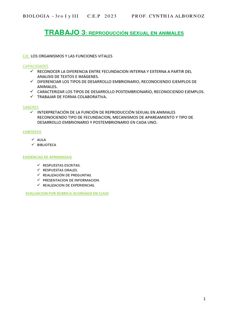 Biol. 3ero TP 3 Reproduccion Sexual en Animales | PDF | Embrión | Reproducción