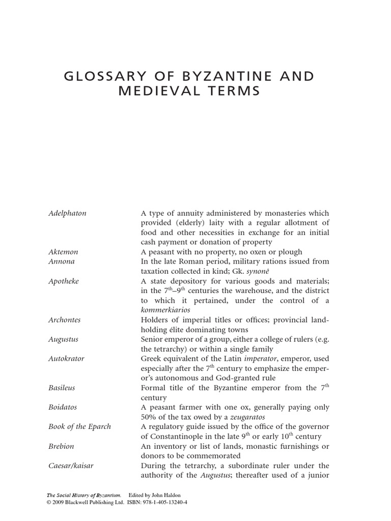 The Social History of Byzantium - 2008 - Haldon - Glossary of Byzantine ...