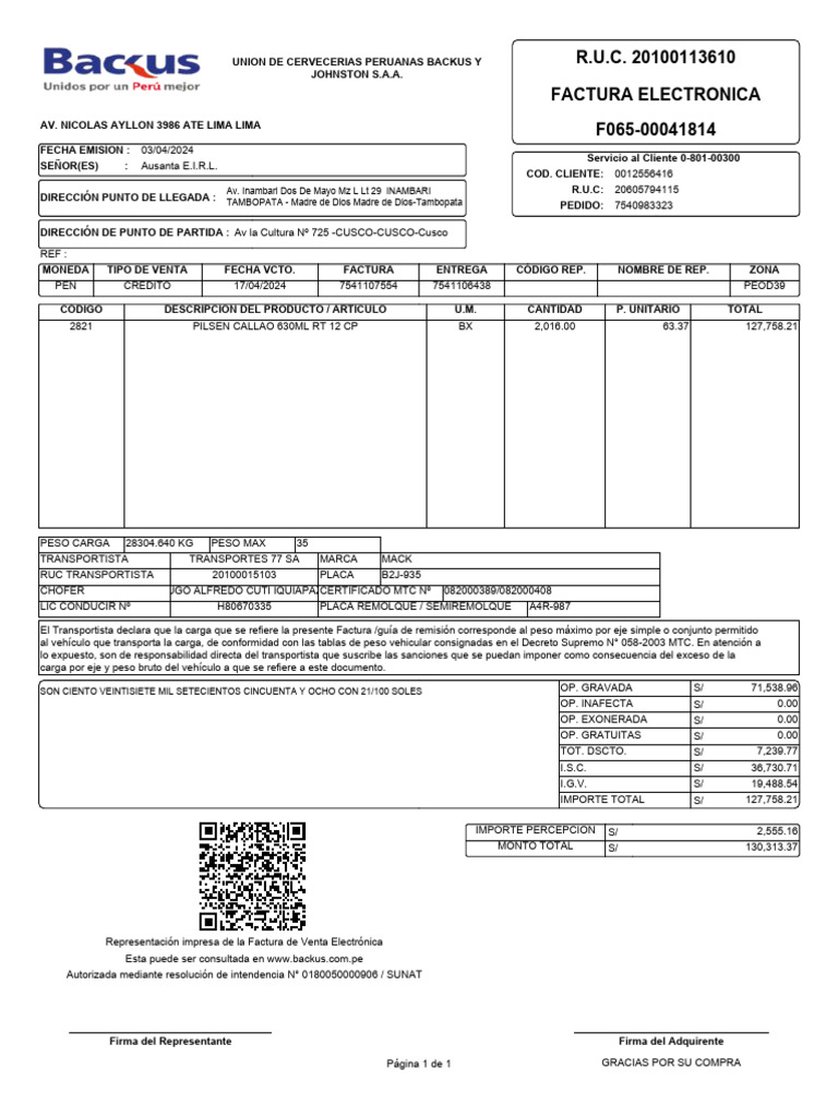 Factura Electronica F065-00041814 R.U.C. 20100113610 | PDF