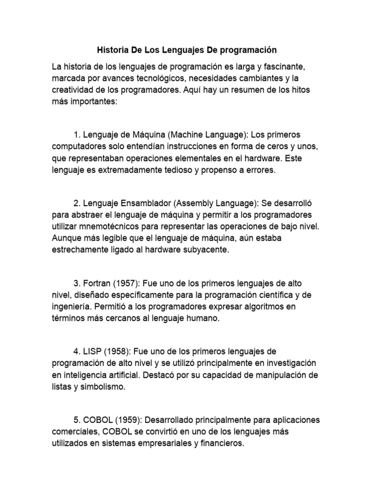 Historia de Los Lenguajes de Programación | PDF | Lenguaje de ...