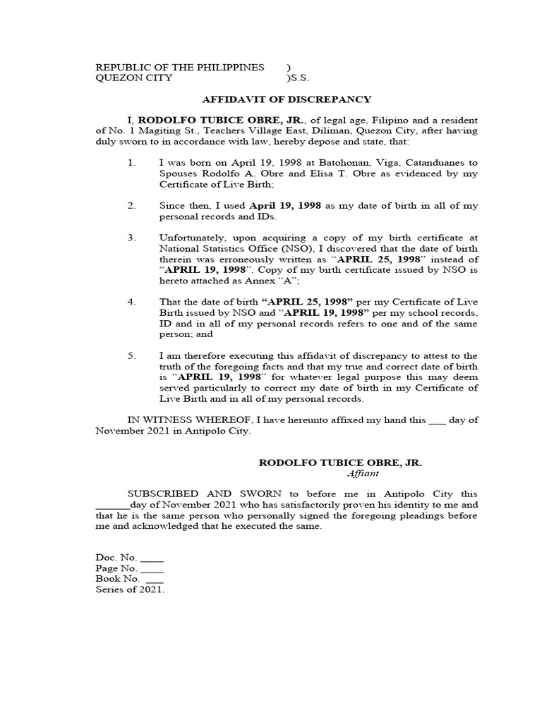 Birth Date Correction Affidavit | PDF | Law