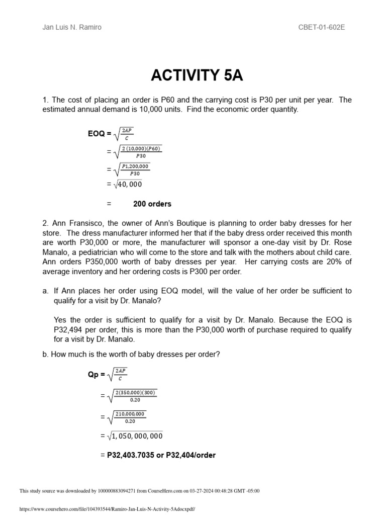 Ramiro Jan Luis N. Activity 5A PDF | PDF | Management Accounting | Economies