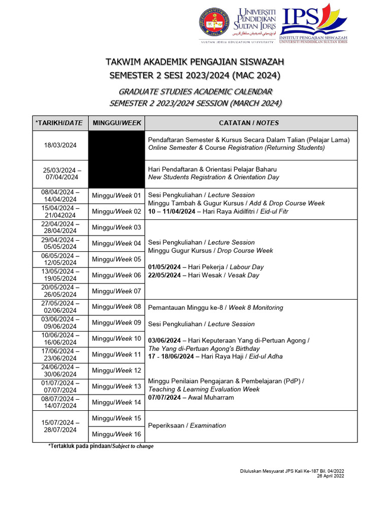 Takwim Semester 2 Sesi 2023 2024 | PDF