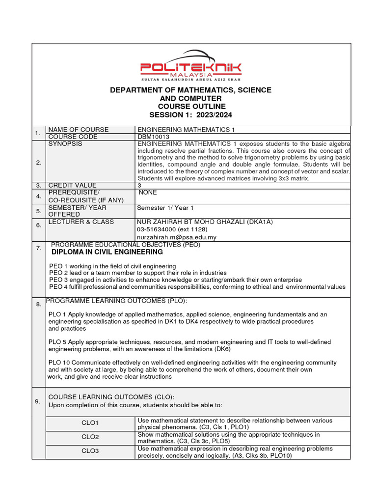 Course Outline DBM10013 - Dka1a | PDF | Trigonometric Functions ...